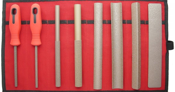 8 Coarse (180 Grit) Hand Files in a Red Tool Roll with velcro fastener ...